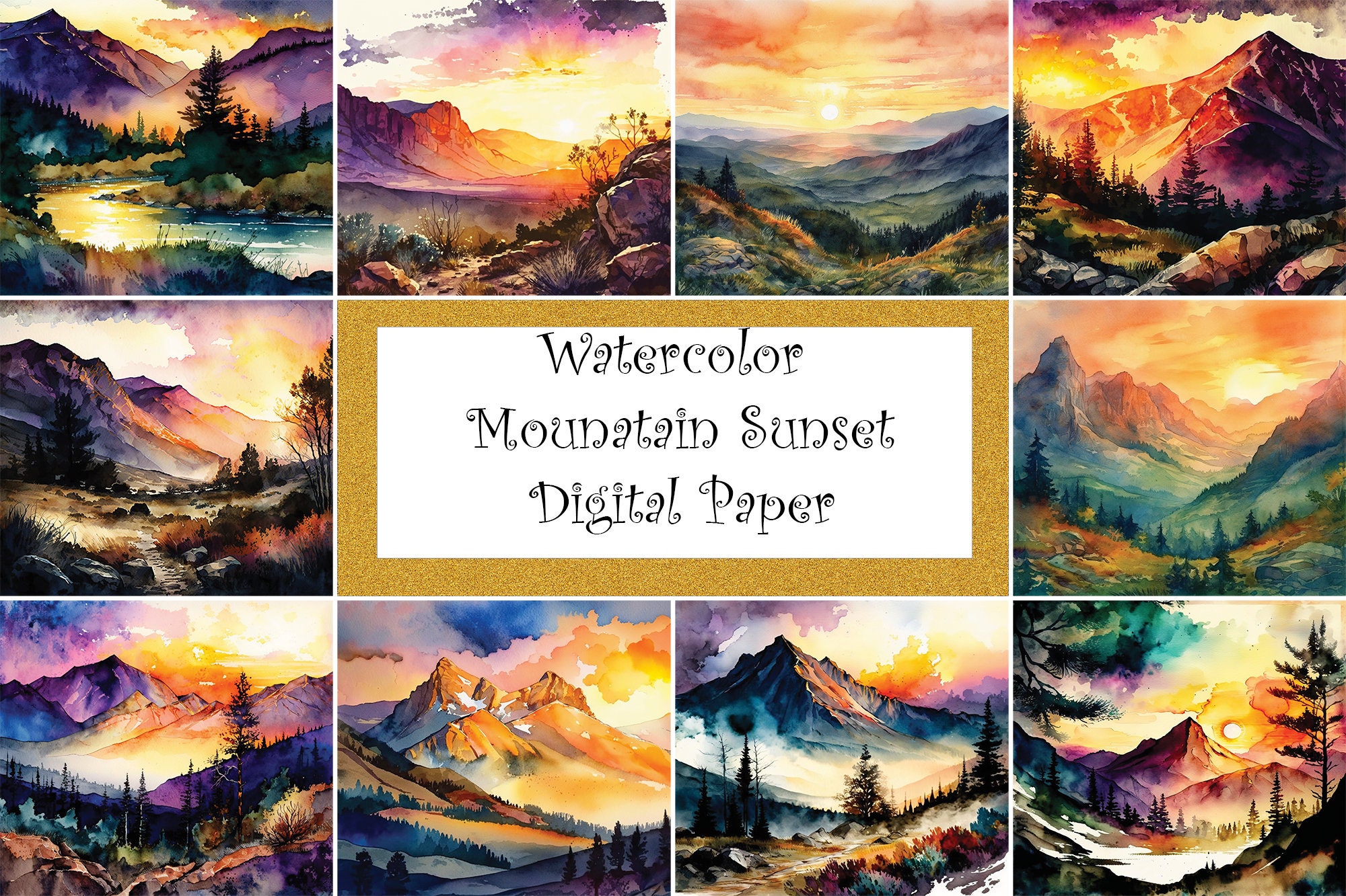 Watercolor Mountain Sunset Digital Paper Mountain Paper Mountain ...