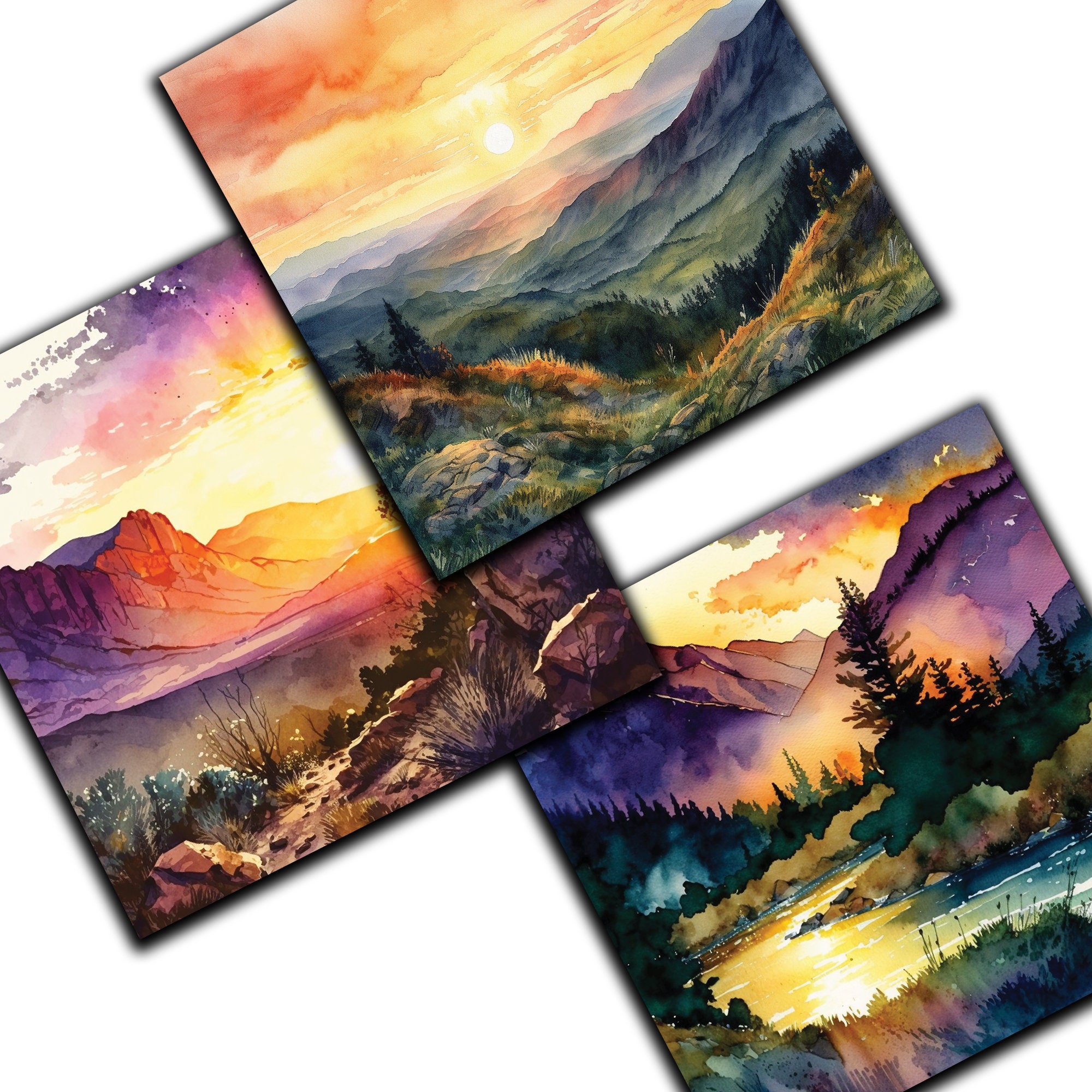 Watercolor Mountain Sunset Digital Paper Mountain Paper Mountain ...