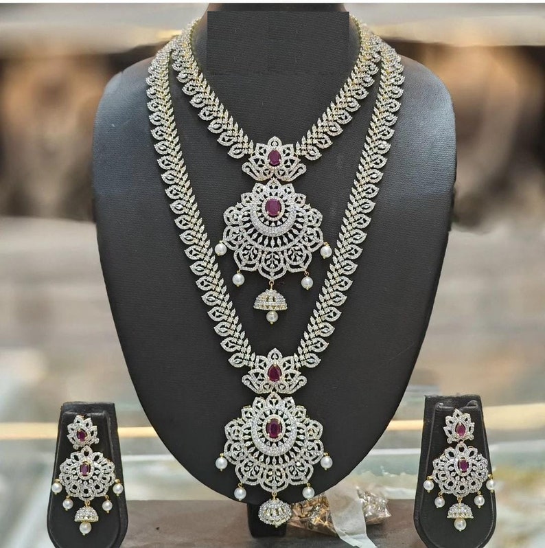 American Diamond Bridal Necklace Set | Ruby Teardrop Pendant, Indian ...