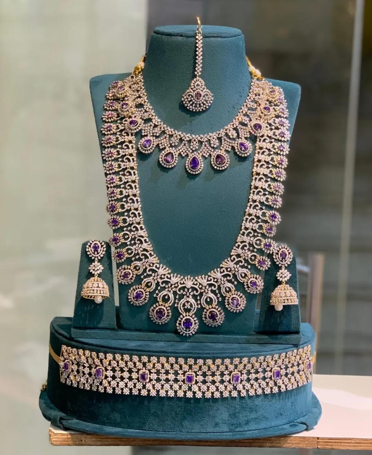Beautiful Diamond Finished American Diamond Necklace Set With Long Haar ...