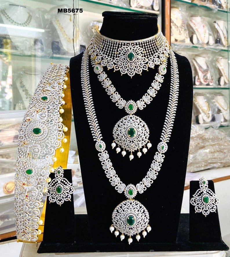 American Diamond Wedding Jewelry Set: Green Silver Necklace, Earrings ...