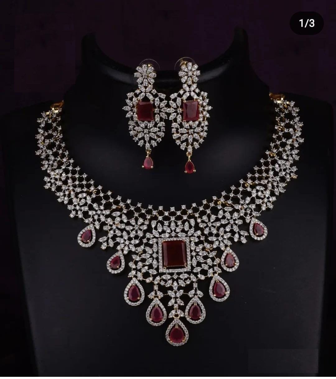 Ruby & American Diamond Bridal Necklace Set, Gold-plated Indian Jewelry ...
