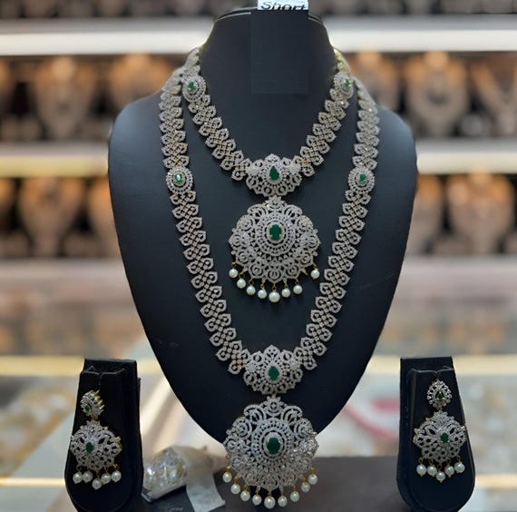 AD Necklace and Long Haar Combo Set CZ Stone Crystal Bead Necklace High Silver Tone Gift for Her Indian Wedding Jewelry Dulhan Jewelry Etsy