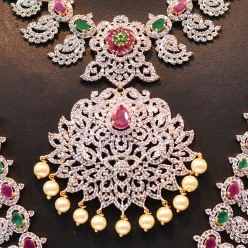 South Indian Bridal Necklace Set: Emerald, AAA Diamond, Zirconia - Etsy