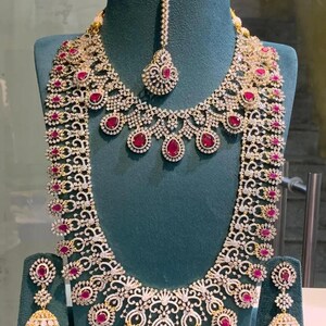 Beautiful Diamond Finished American Diamond Necklace Set With Long Haar ...