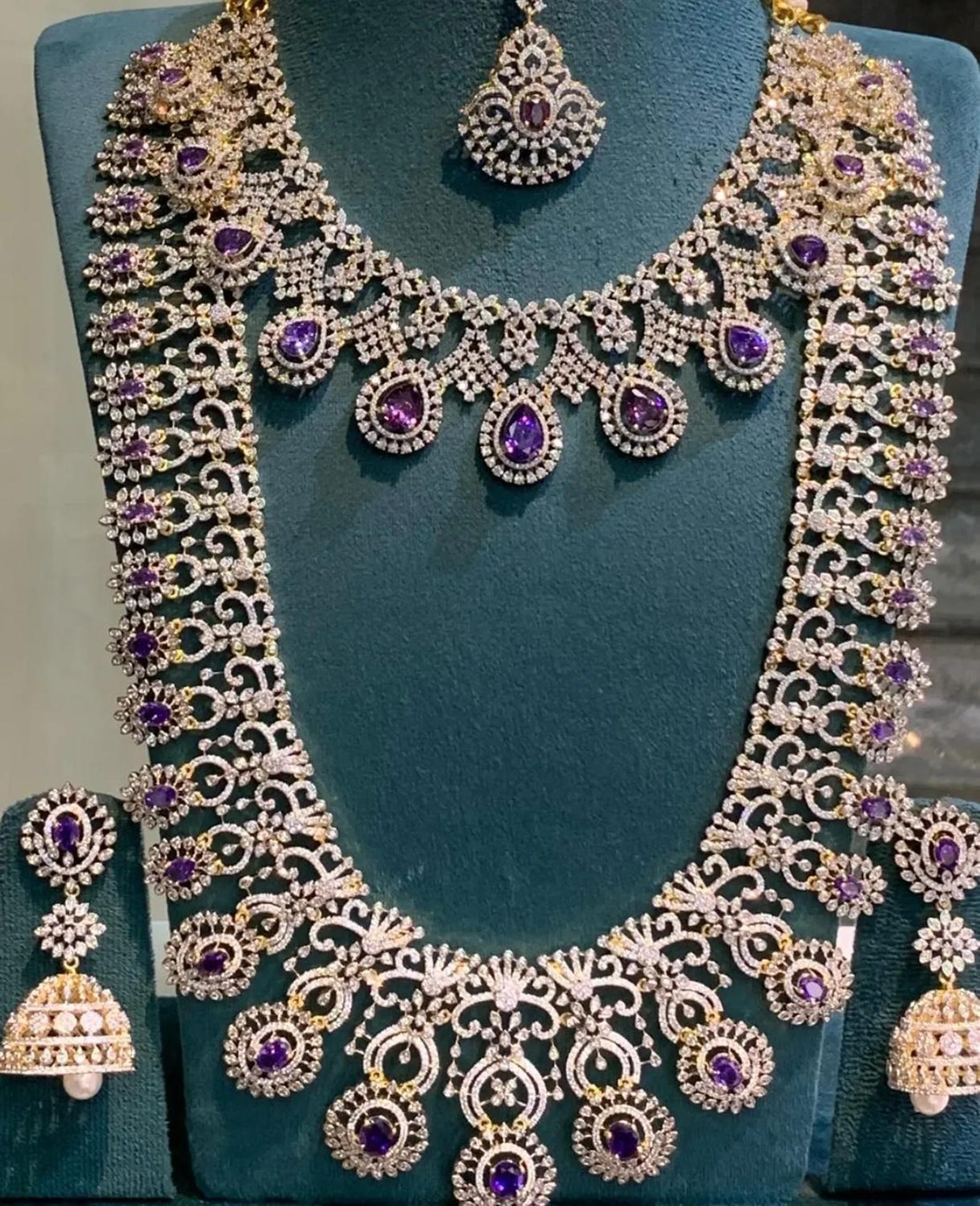 Beautiful Diamond Finished American Diamond Necklace Set With Long Haar ...