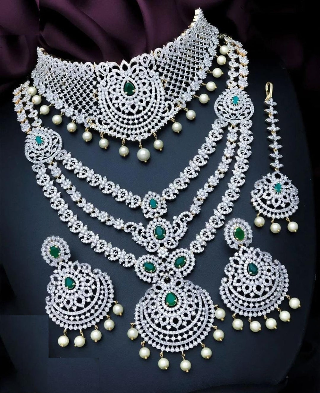 AD Emerald Bridal Full Neck Set, Choker and Long Haar Set, Indian ...