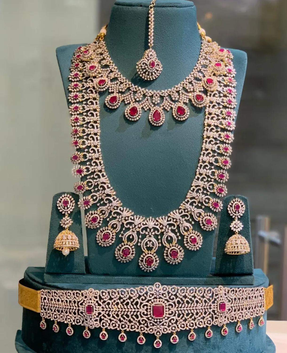 Beautiful Diamond Finished American Diamond Necklace Set With Long Haar ...