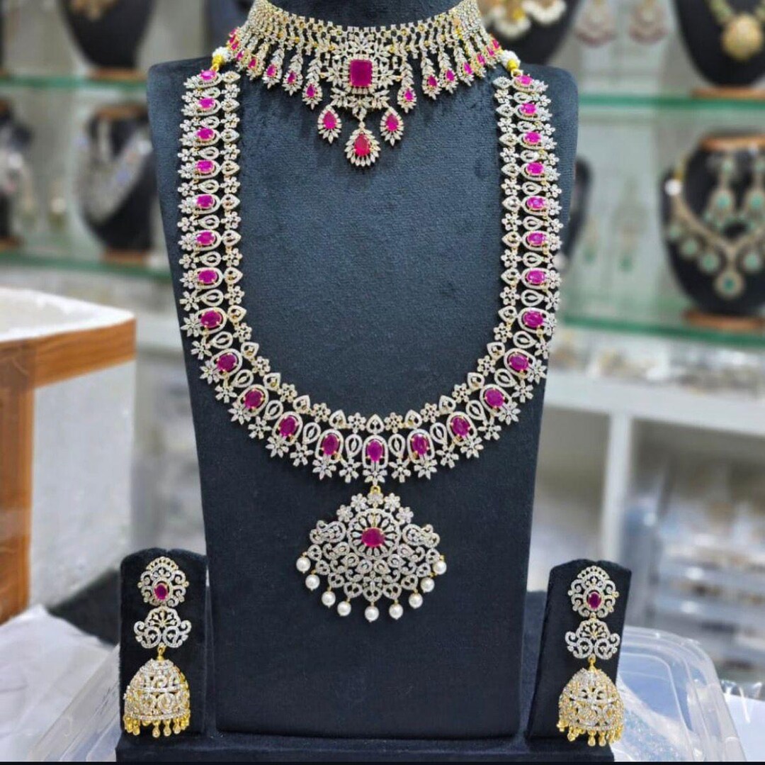 Royal Ruby Diamond Necklace Set With Choker, Long Haar, Pendant ...