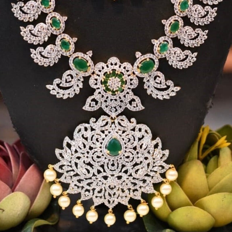 South Indian Bridal Necklace Set: Emerald, AAA Diamond, Zirconia - Etsy