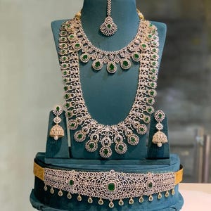 Beautiful Diamond Finished American Diamond Necklace Set With Long Haar ...