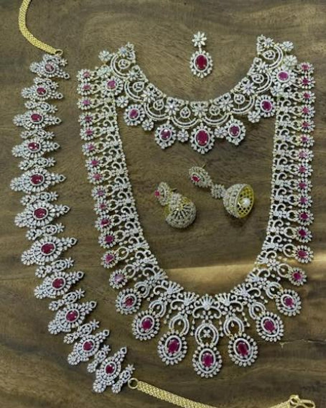 Ruby AD Bridal Jewellery Set Premium CZ Stone Necklace With Long Haar ...