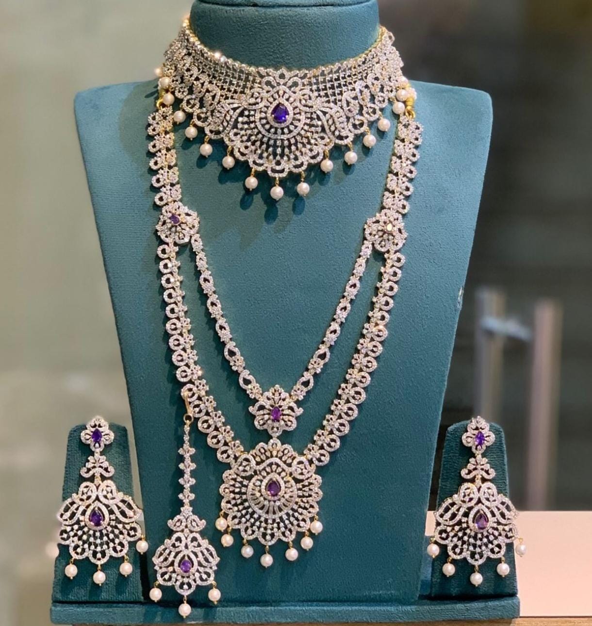 American Diamond Bridal Necklace Set | Ruby Teardrop Pendant, Indian ...