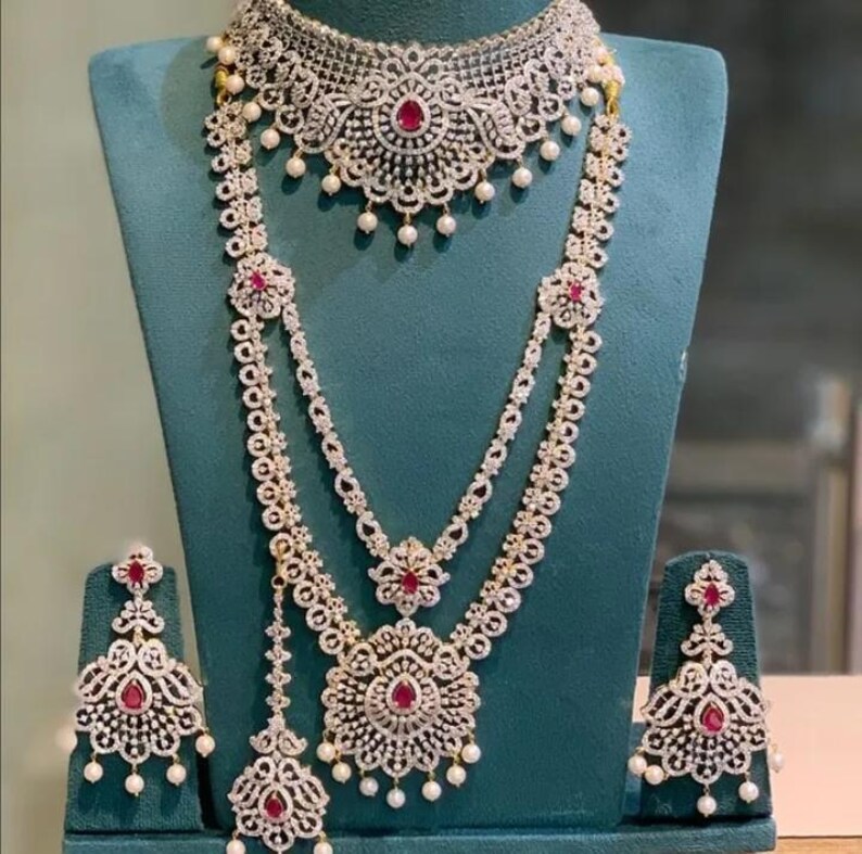 American Diamond Bridal Necklace Set | Ruby Teardrop Pendant, Indian ...