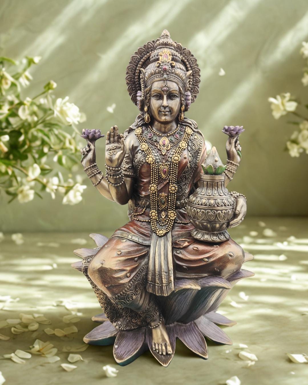 Goddess Lakshmi Idol on Lotus | Antique Finish Laxmi Murti With Kalash ...