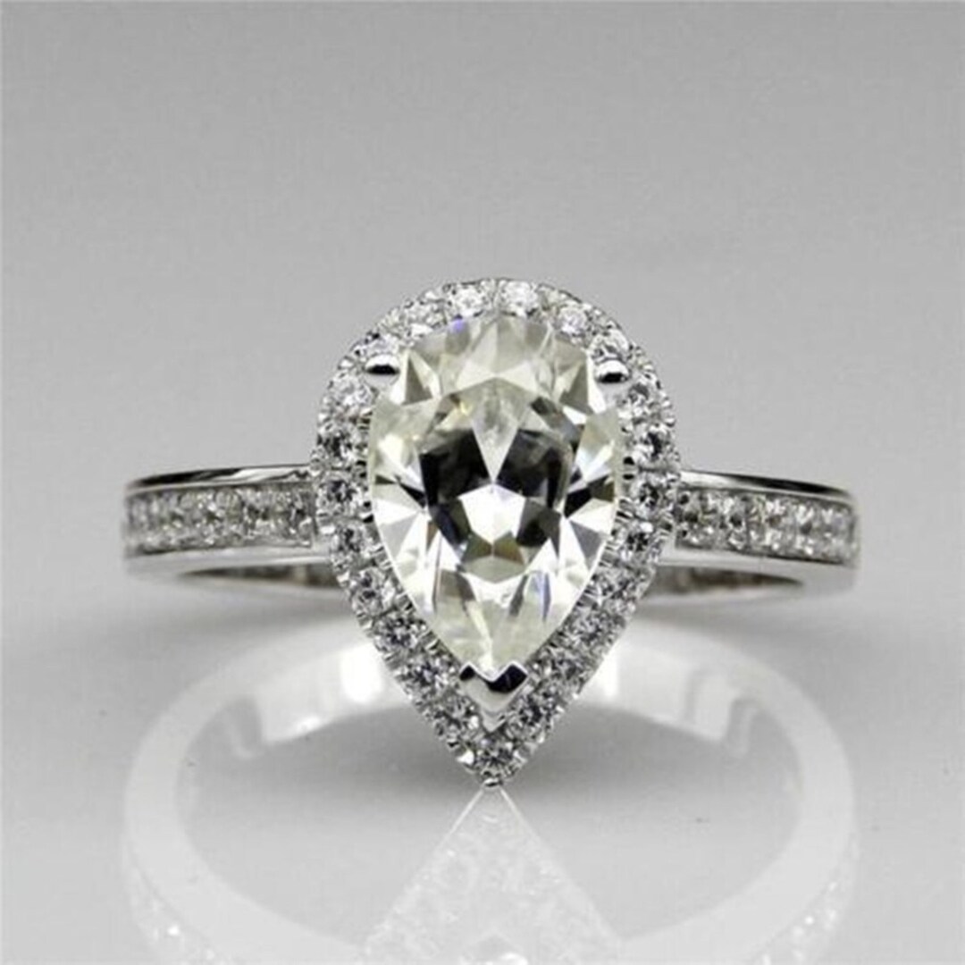 2.50ct White Pear Diamond Halo Engagement Ring, Three Prong Set Pear ...