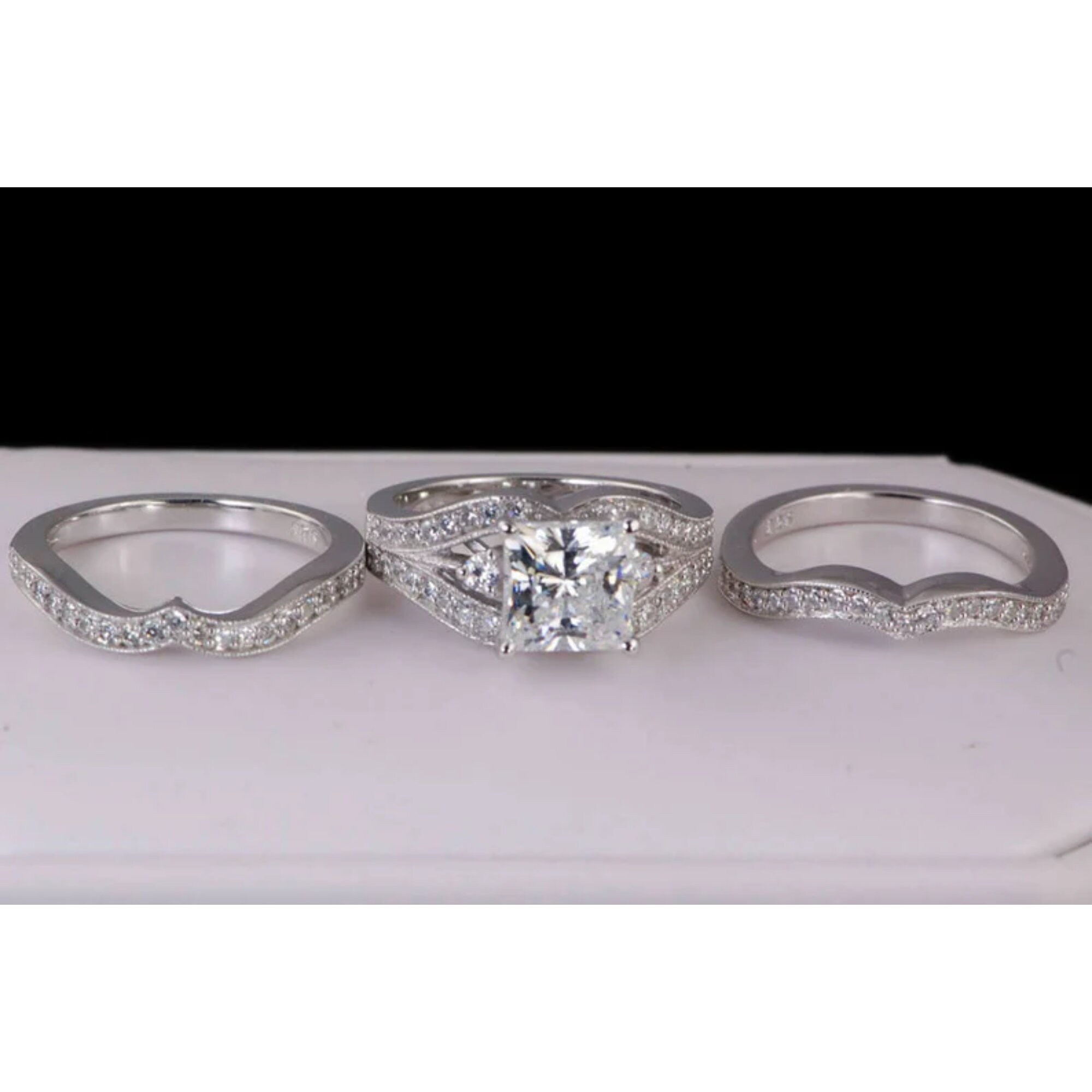 2.50ct Princess Diamond Engagement Ring Set, Vintage Diamond Trio Ring ...