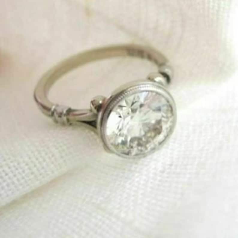 Round Diamond Engagement Ring, Bezel Set Handmade Wedding Ring, Vintage ...
