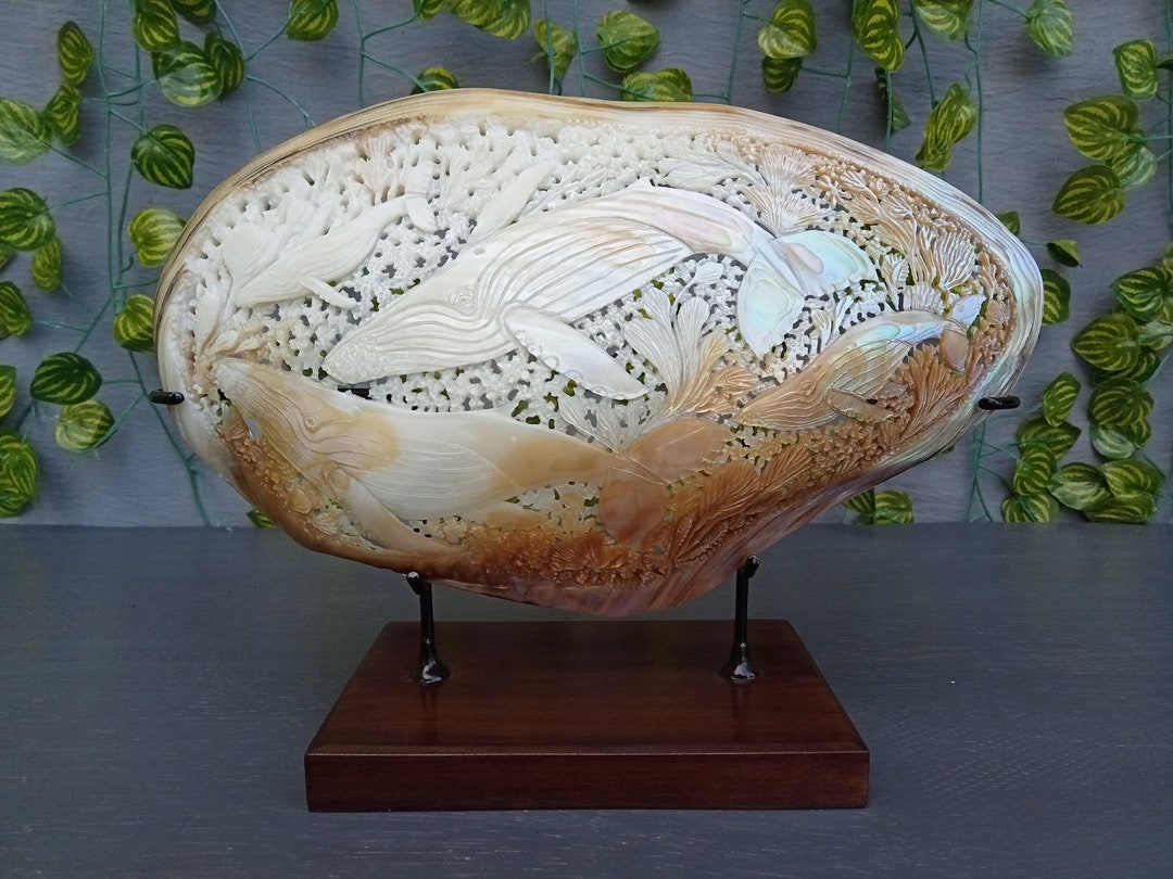 Hand Carved XL Pearl Mussel Clam Shell Whale Family Sculpture,real and ...