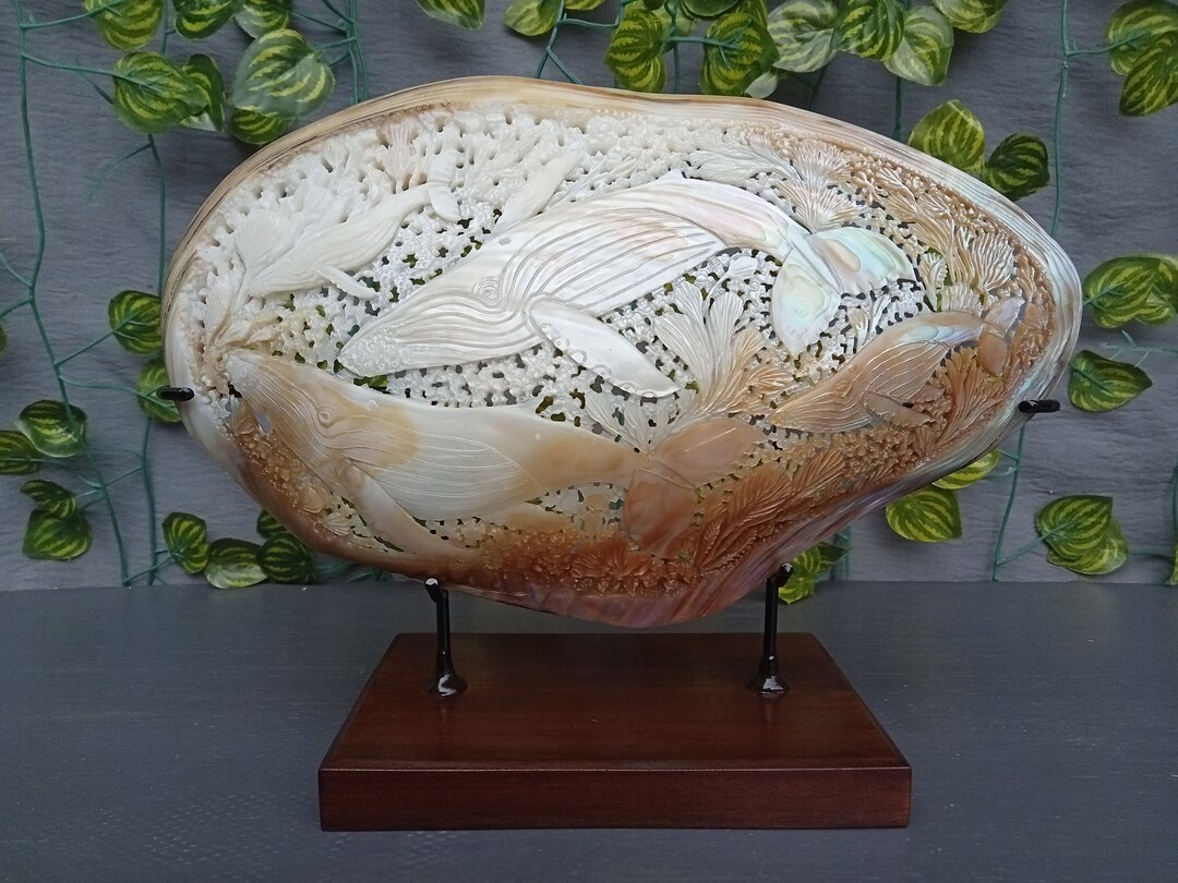 Hand Carved XL Pearl Mussel Clam Shell Whale Family Sculpture,real and ...