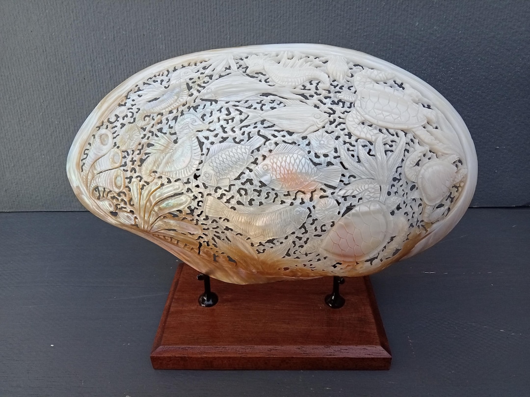 Clam Shell,carved Pearl Mussel Clam Shell XL Size on Stand,sea Animal ...