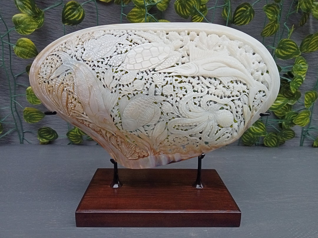 Hand Carved Pearl Mussel Clam Shell XL Size on Stand,sea Animal Theme ...