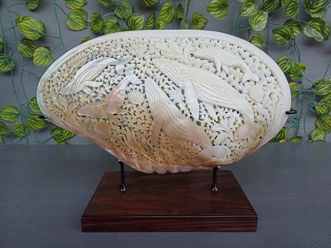 Hand Carved XL Pearl Mussel Clam Shell Whale Family Sculpture,real and ...