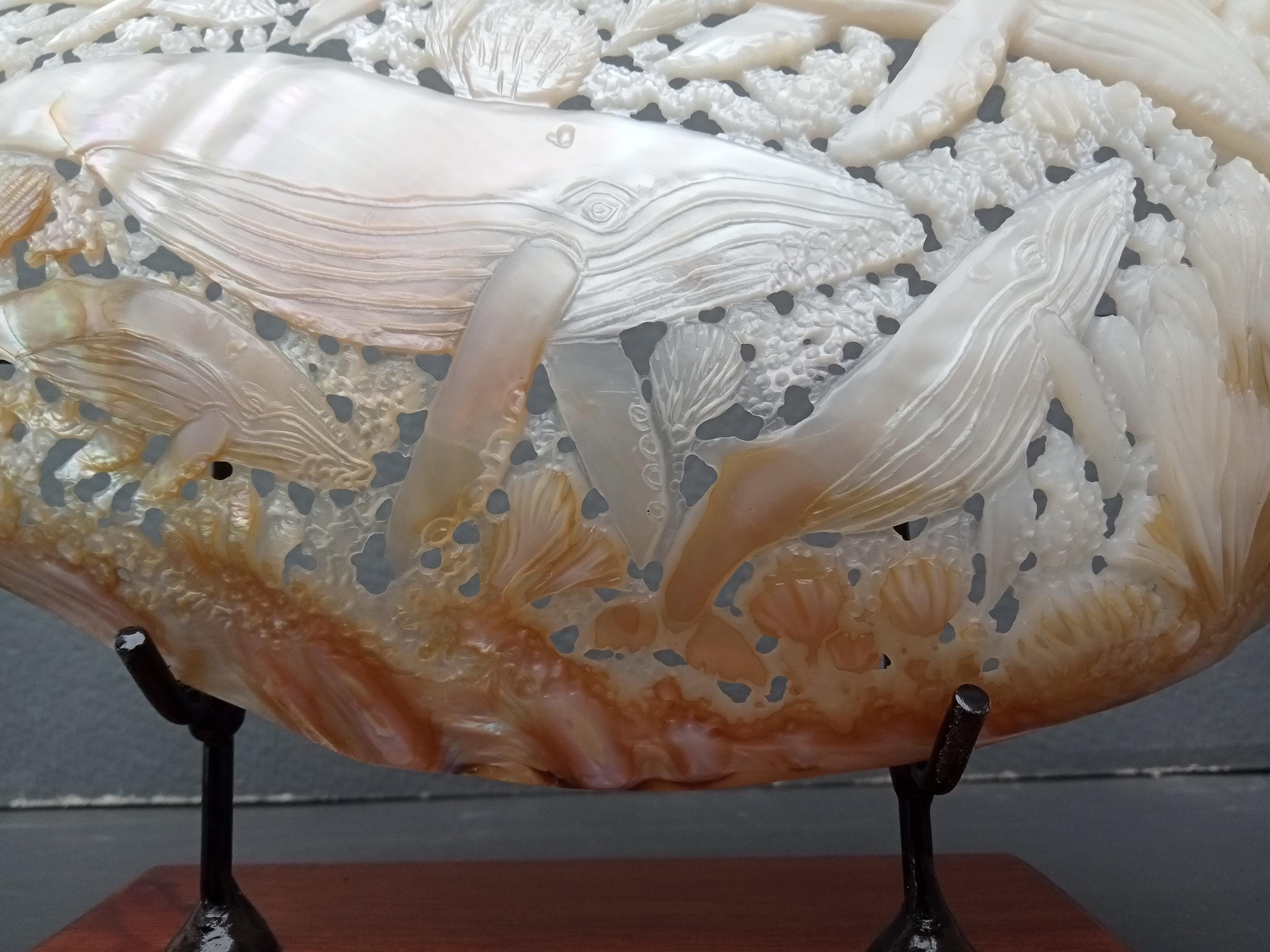 Carved Pearl Mussel Clam Shell Whale Sculpture: Natural Seashell Decor ...