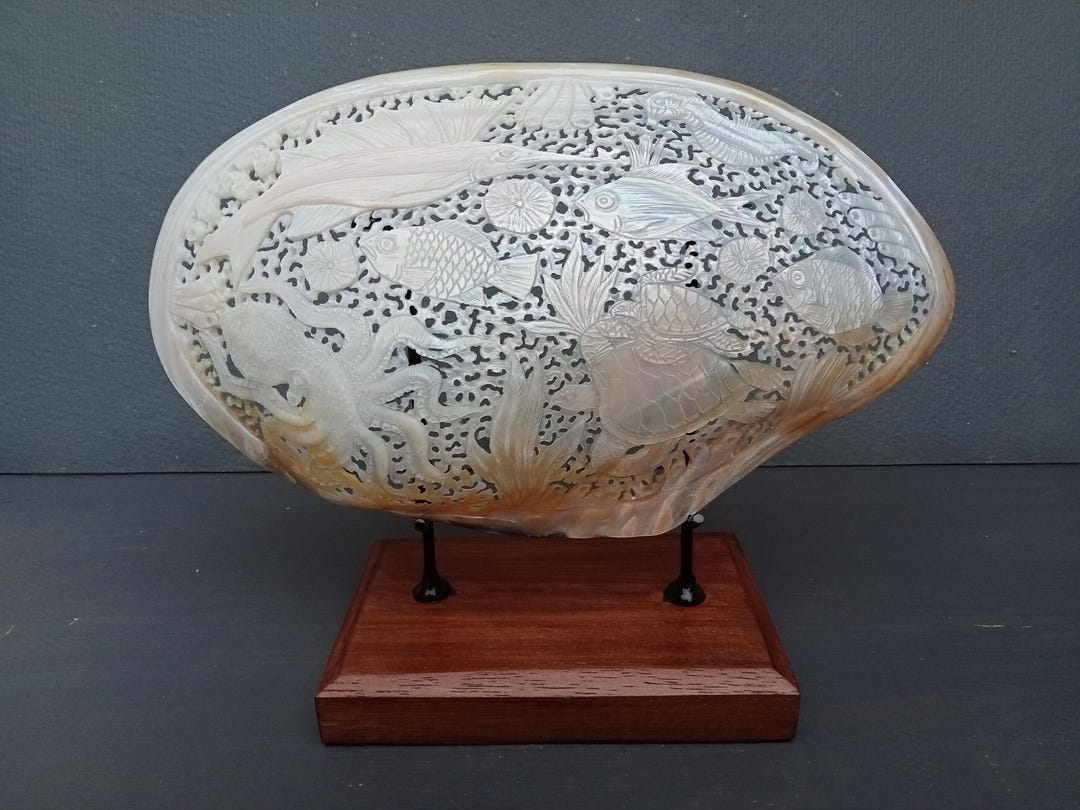 Hand Carved Pearl Mussel Clam Shell XL Size on Stand,sea Animal Theme ...