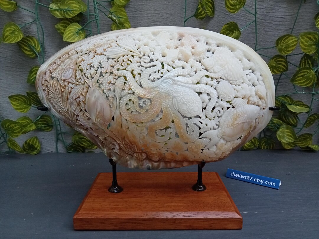 Hand Carved Pearl Mussel Clam Shell XL Size on Stand, Octopus Theme ...