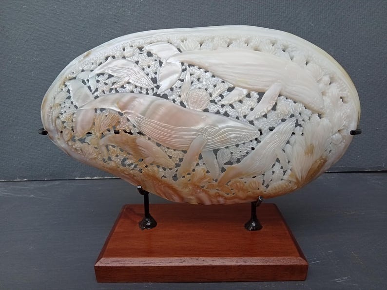 Carved Pearl Mussel Clam Shell Whale Sculpture: Natural Seashell Decor ...