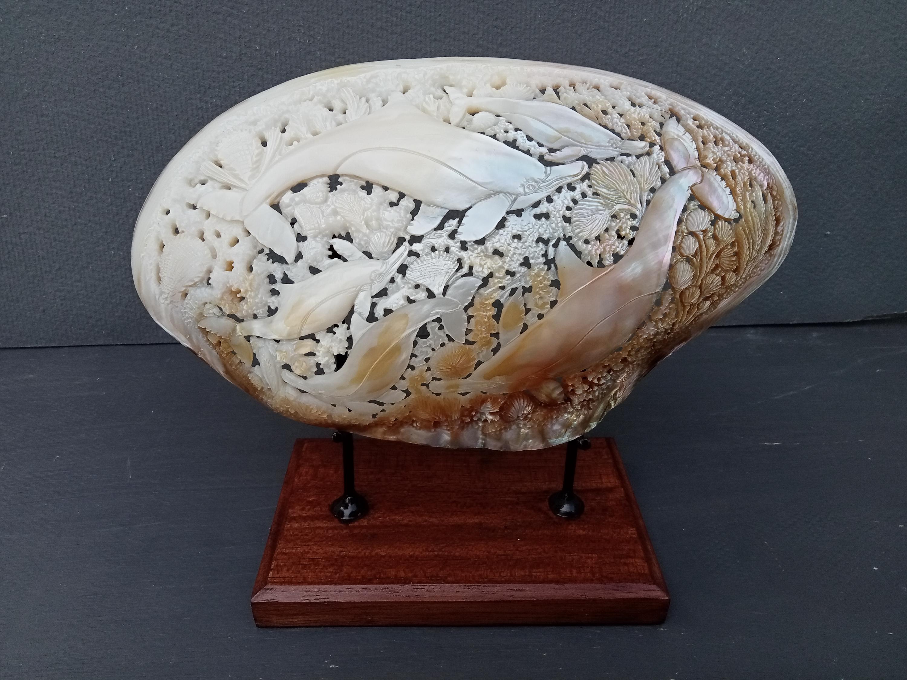 Hand Carved Pearl Clam Shell Sculpture: Dolphin Theme, Wood Stand ...