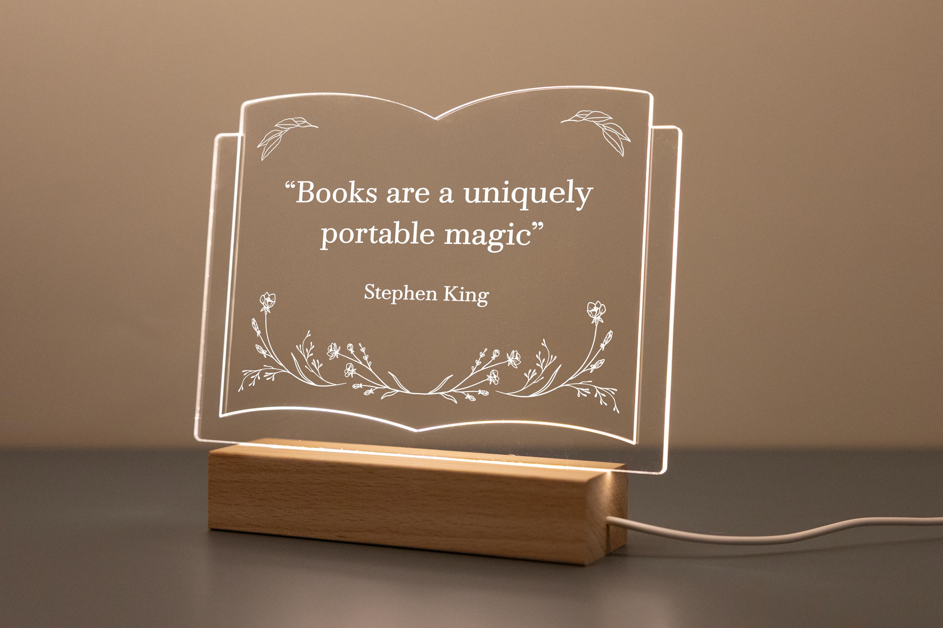Personalized Book Quote Night Light – LED Acrylic Lamp With Wooden Base ...
