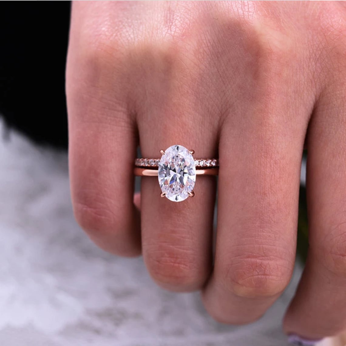 3 Carat Oval Moissanite Engagement Ring Set 14k Rose Gold Etsy