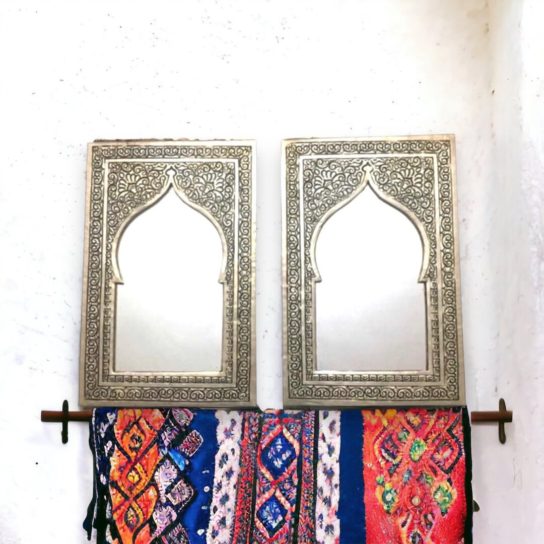 Set of 2 White Brass Wall Mirrors Pointy Door Shaped Handmade in ...