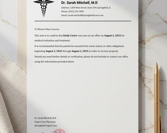 Editable Absence Note Template. Doctor Excuse Note Template. Urgent Care Excuse Letter ...