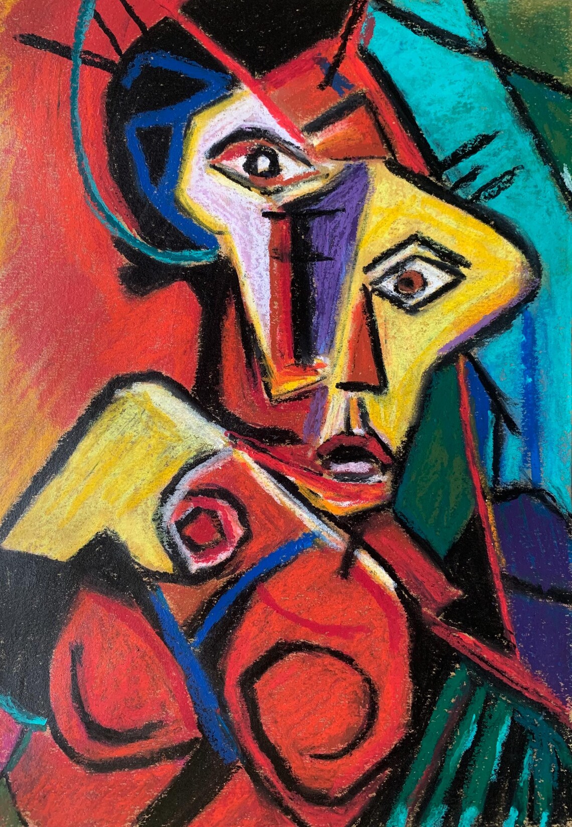 Portrait in Picasso Abstract Style. Oil Pastel. Handmade. - Etsy