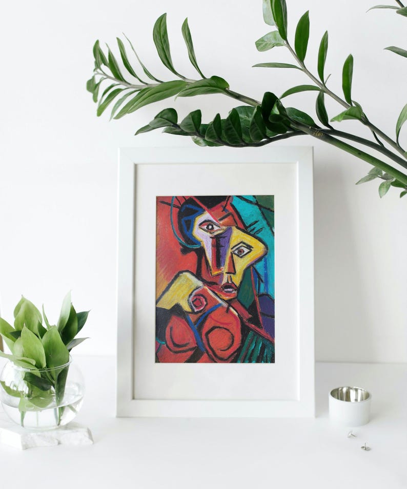 Portrait in Picasso Abstract Style. Oil Pastel. Handmade. - Etsy