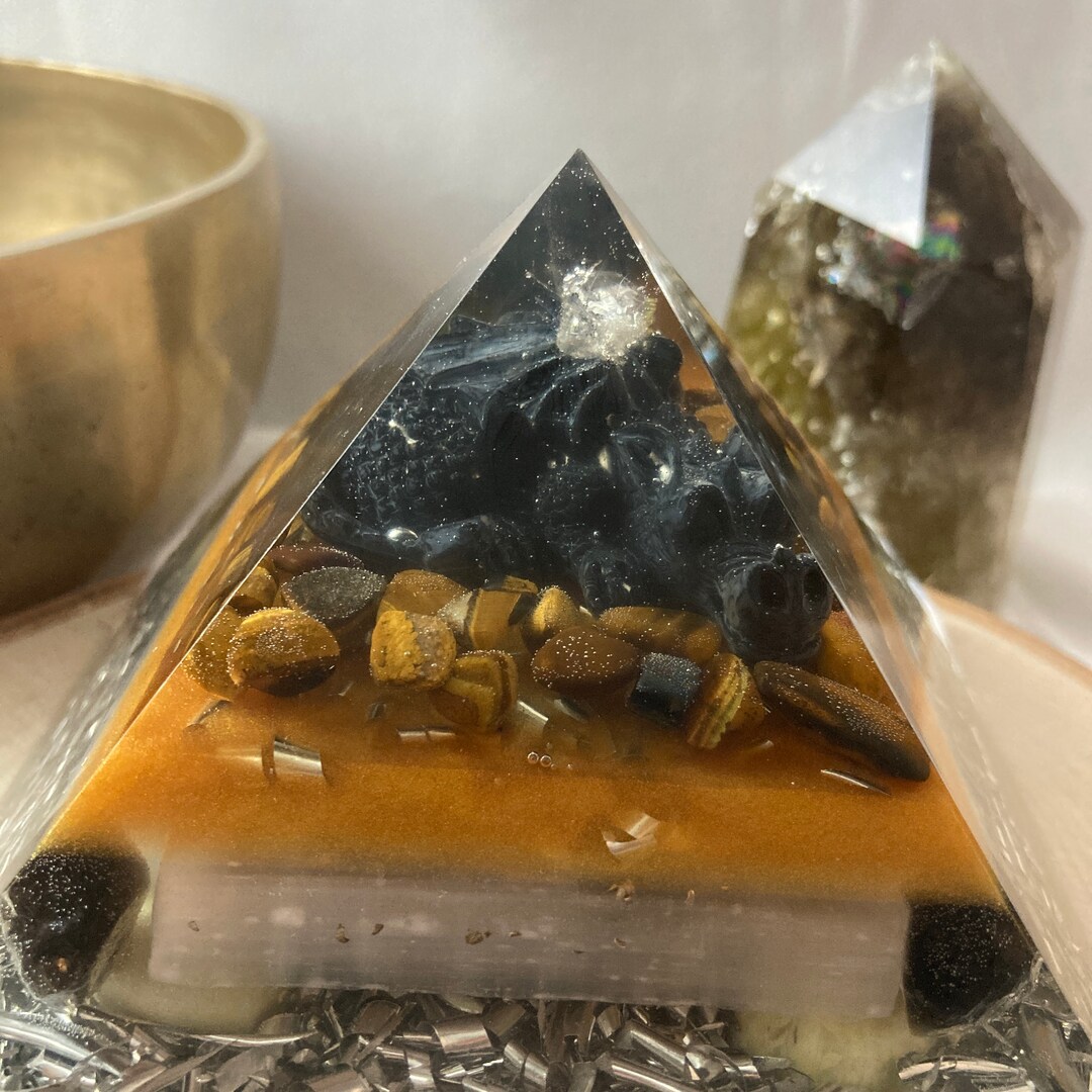 Gold Dragon Pyramid - Large Orgone Pyramid, Tiger's Eye, Apache Tears ...