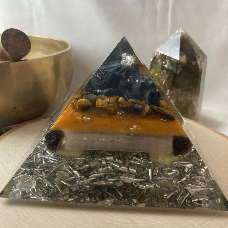 Gold Dragon Pyramid - Large Orgone Pyramid, Tiger's Eye, Apache Tears ...