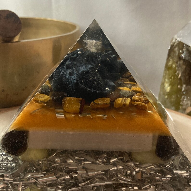 Gold Dragon Pyramid - Large Orgone Pyramid, Tiger's Eye, Apache Tears ...