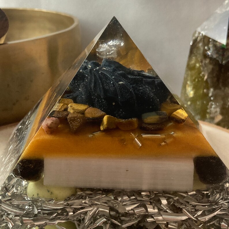 Gold Dragon Pyramid - Large Orgone Pyramid, Tiger's Eye, Apache Tears ...