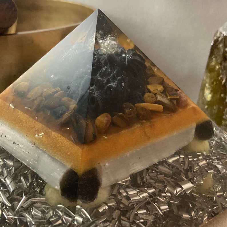 Gold Dragon Pyramid - Large Orgone Pyramid, Tiger's Eye, Apache Tears ...