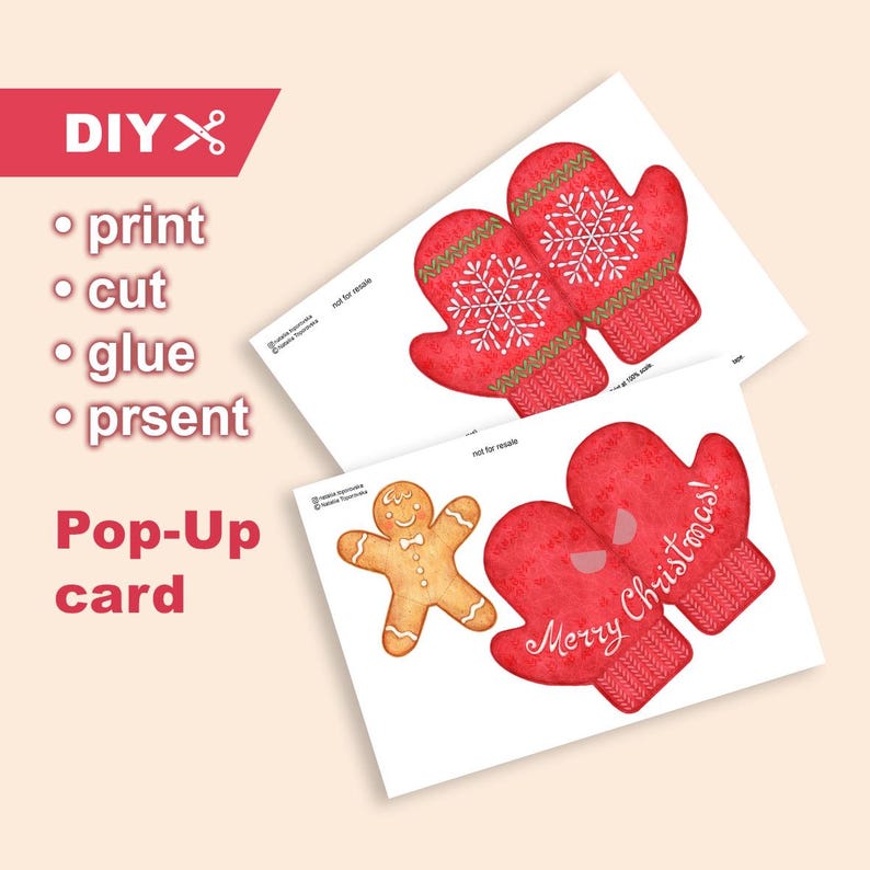 DIY Christmas Pop-up Card: Mittens & Gingerbread Man Printable (JPG) - Etsy