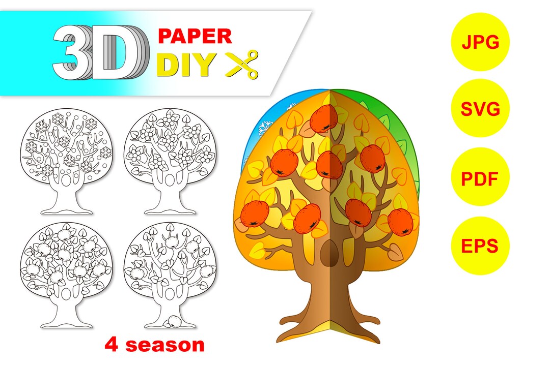 3D Apple Tree of the 4 Season. DIY Template for Kids. for Paper Cut ...
