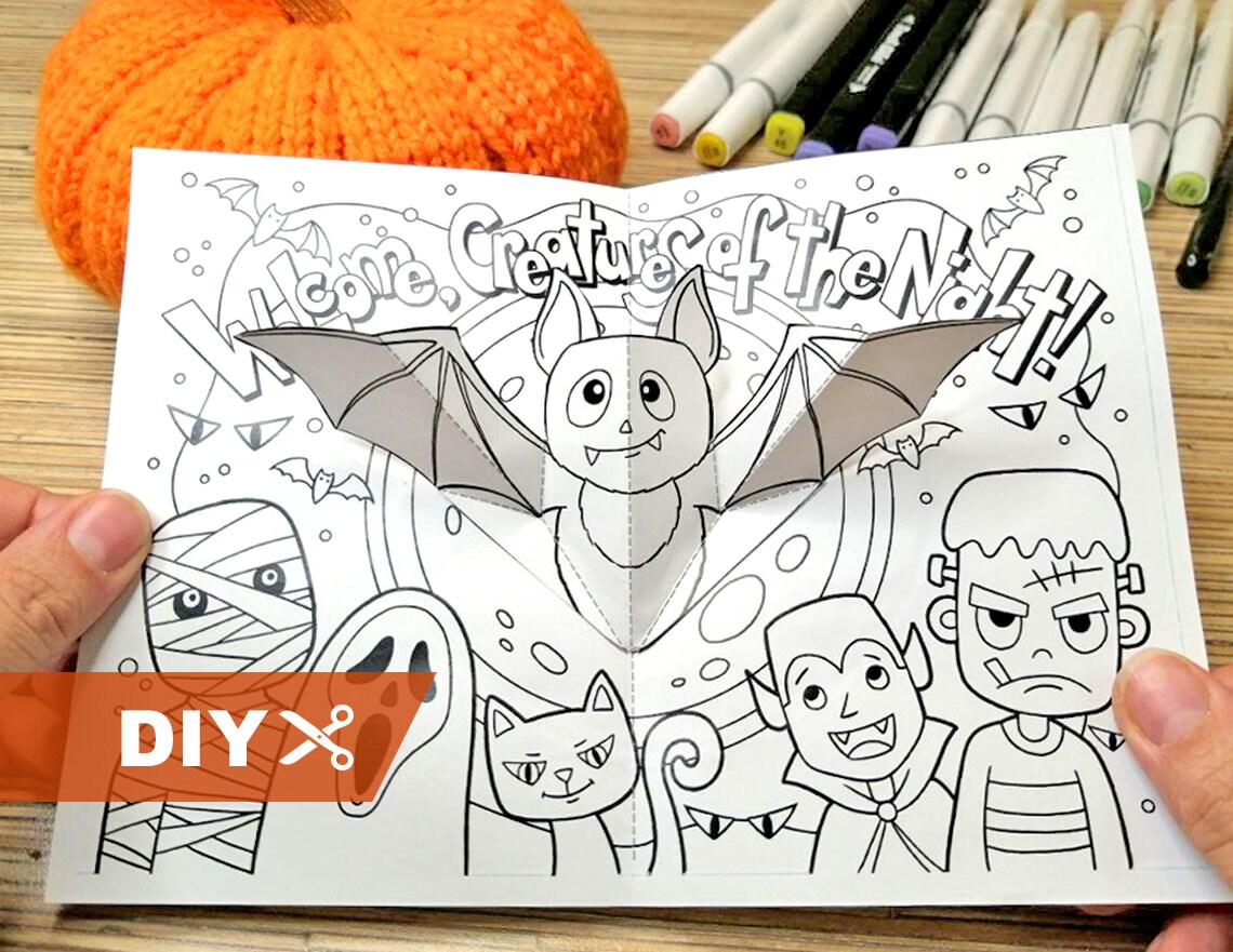 DIY Halloween Pop-up Printable Coloring Card | Horror Pop-up Card ...