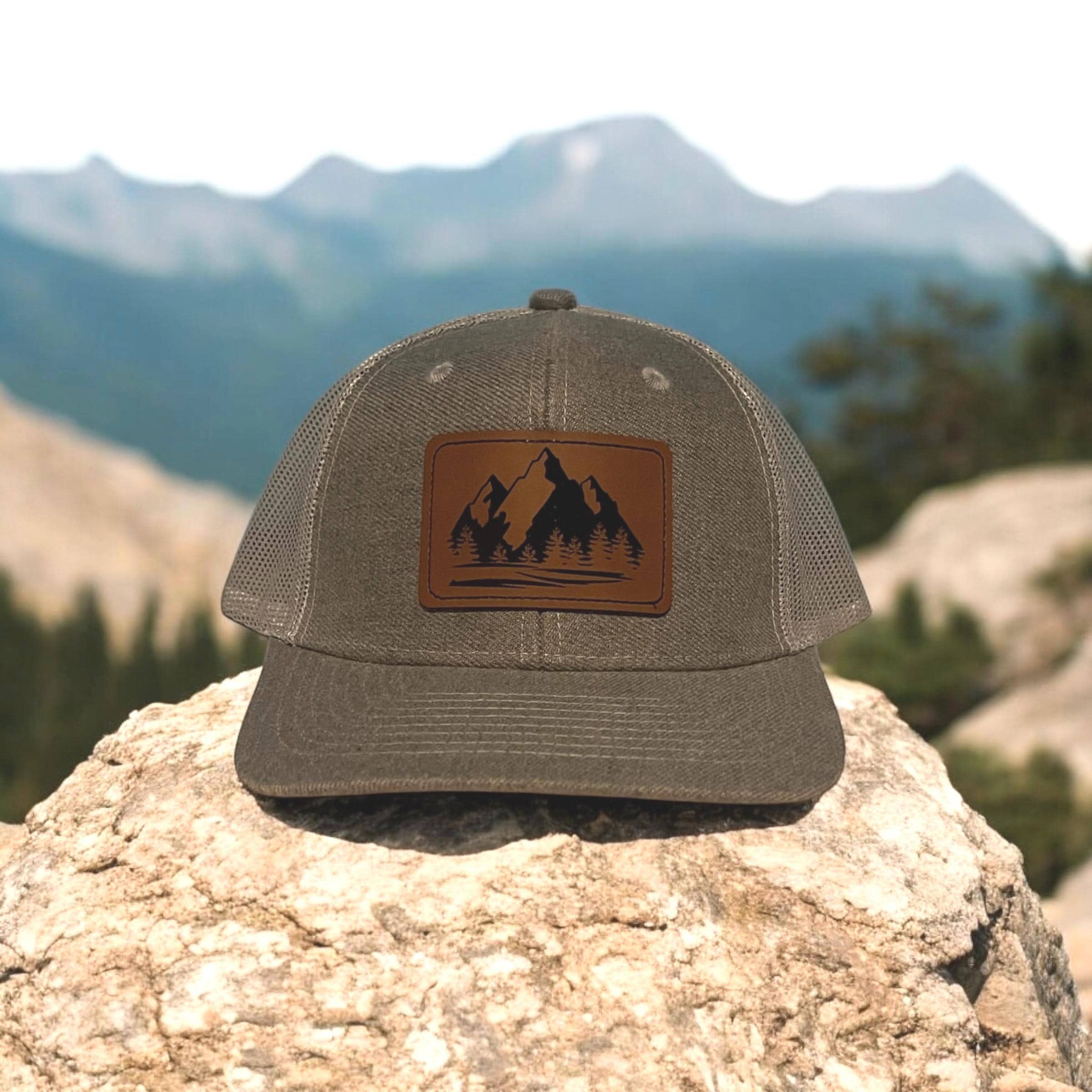 Moutain Leather Patch Trucker Hat Mountain Range Snapback Hat Hiking Outdoors Baseball Cap ...