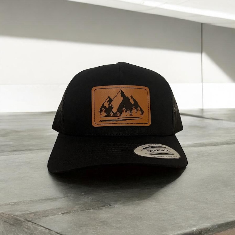 Moutain Leather Patch Trucker Hat Mountain Range Snapback Hat Hiking Outdoors Baseball Cap ...