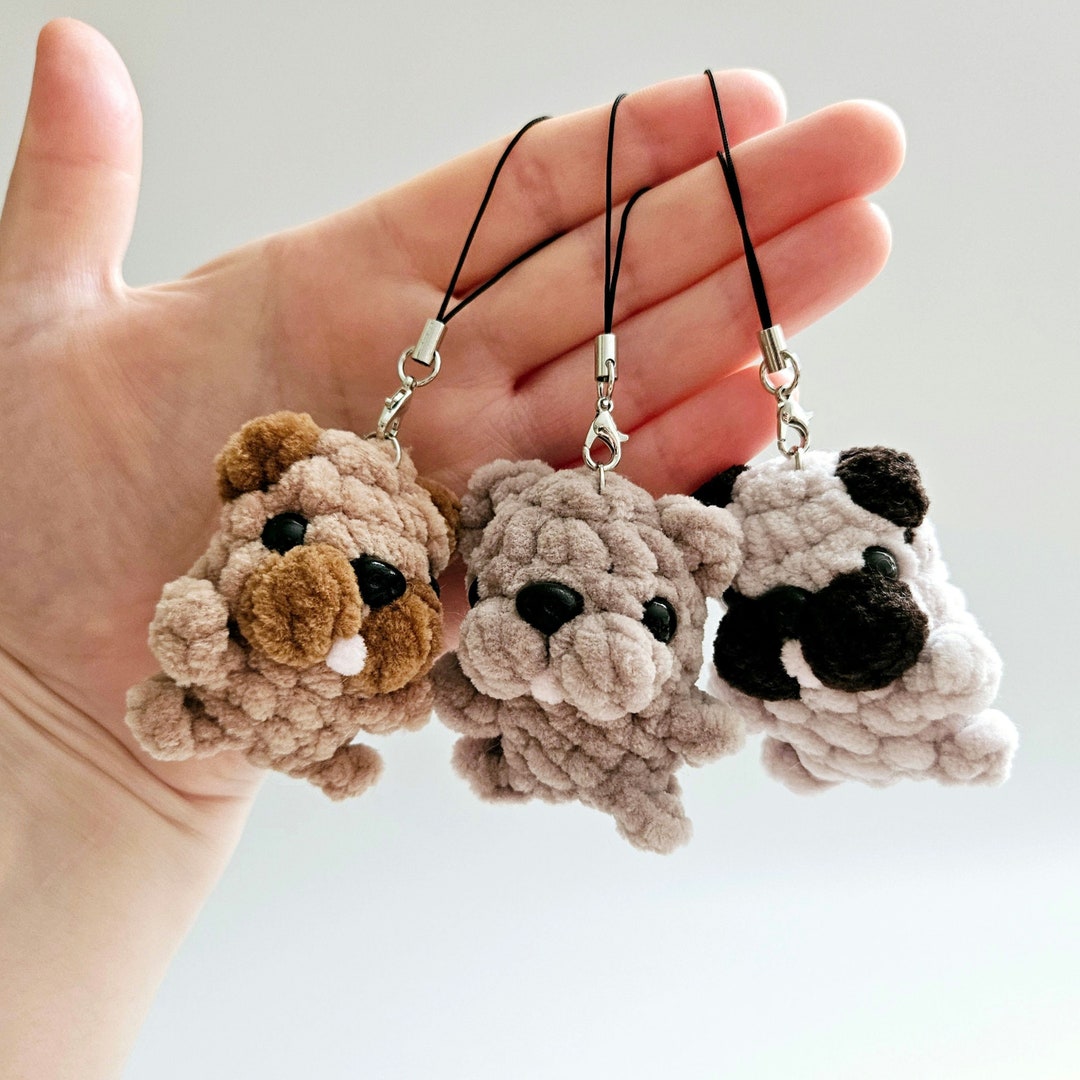 Handmade Crochet Pug and Bulldog Keychains - Plush Dog Keyrings - Cute ...