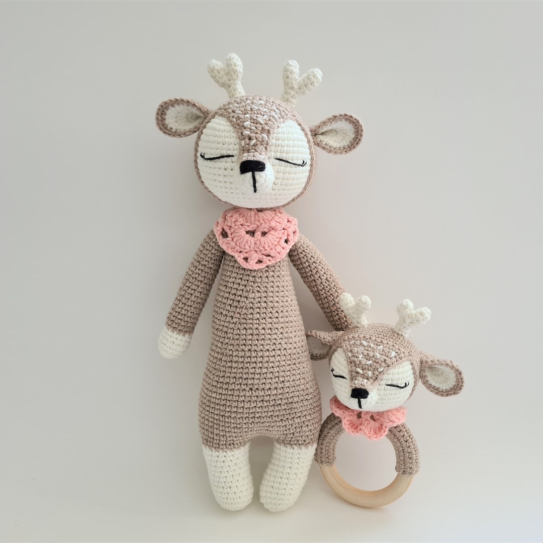 Crochet Sleeping Deer Toy and Rattle Set, Welcome Baby Set, Cute Deer ...